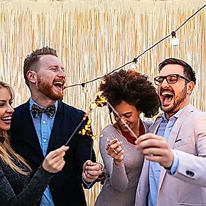 Light Gold Backdrop Curtains -6.6x9.8 feet, Pack of 2 | LILF Matte Foil Fringe Curtain with Non-Marking Tape | Tinsel Streamers Backdrop for Birthday Bachelorette Party Decoration Photo Booth Props