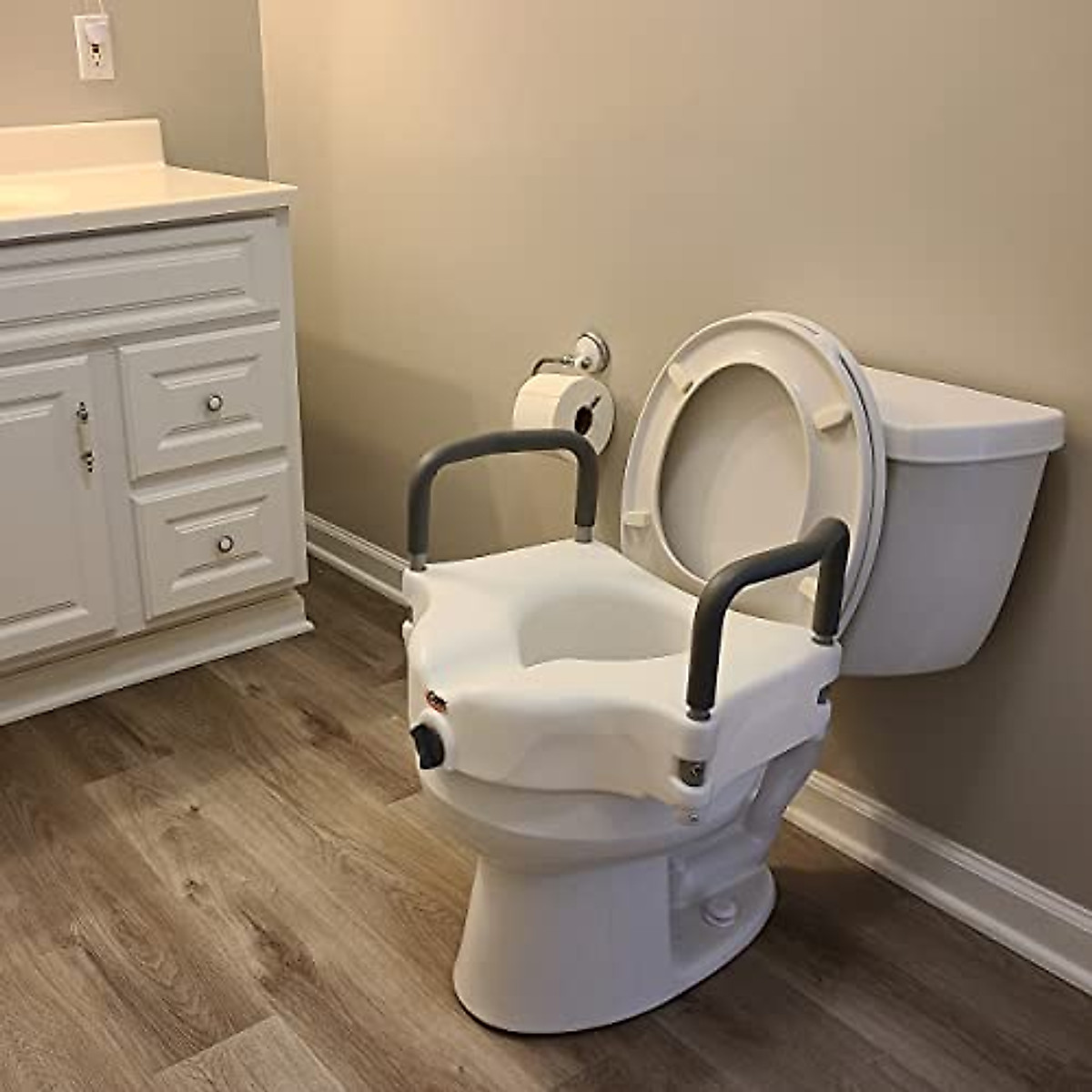 Carex 4.5 Inch Raised Toilet Seat with Arms - For Elongated Toilets, Elevated Toilet Riser with Removable Padded Handles, Easy On and Off, 300lb Weight Capacity, White