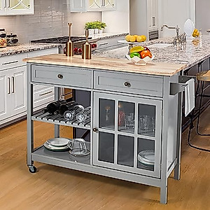AVAWING Rolling Kitchen Island Cart with Storage, 42" Width Kitchen Cart w/ 2 Wheels, Coffee Cart with Drawers & Openshelves & Glass Cabinet & Towel Rack, Portable Islands, Grey