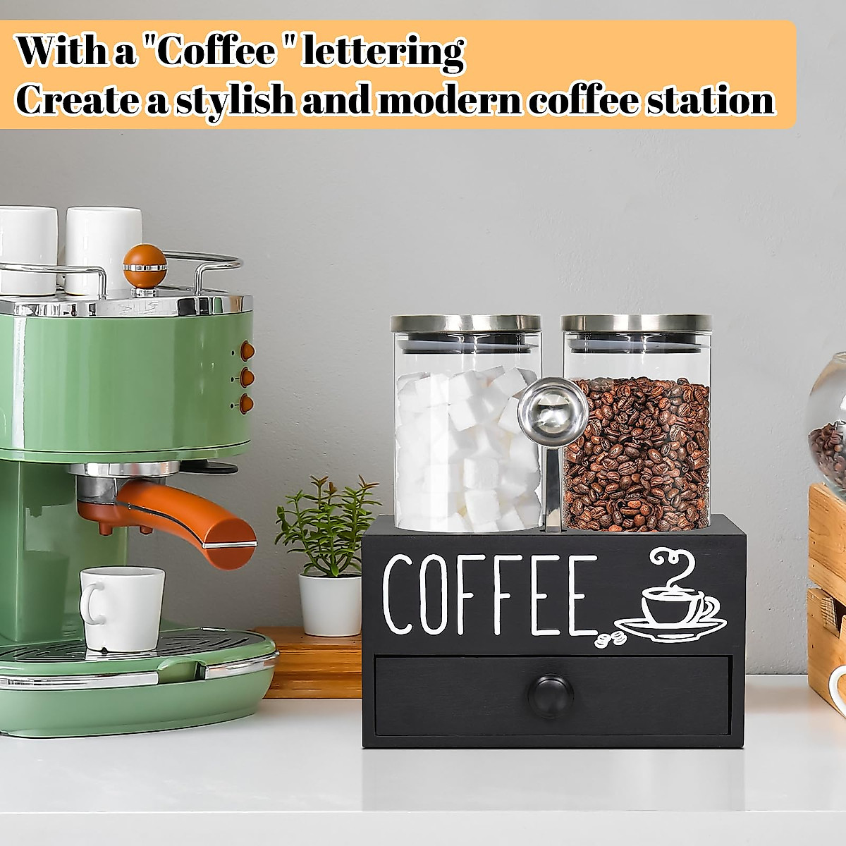Glass Coffee Containers with Shelf, Coffee Bean Storage Container with Airtight Lids, Coffee Container for Ground Coffee, Coffee Bar Accessories Organizer with Drawer, Food Storage Jars for Kitchen