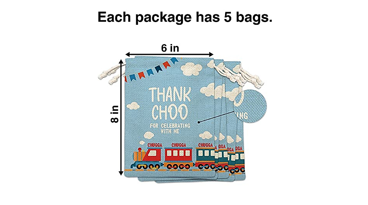 Train Theme Party Favors Bags - 5 Pack for Kids