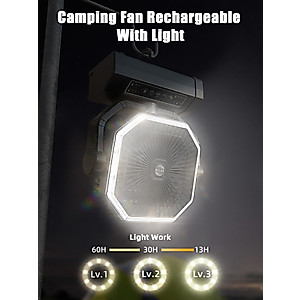 Portable Rechargeable Fan - 9-Inch Camping Fan with Light - 60Hrs 20000mAh Battery Operated Fan for Camping - Outdoor - Tent Fan with Remote, 4 Speeds, 4 Timing, Shaking Head Camp Fan for Tent