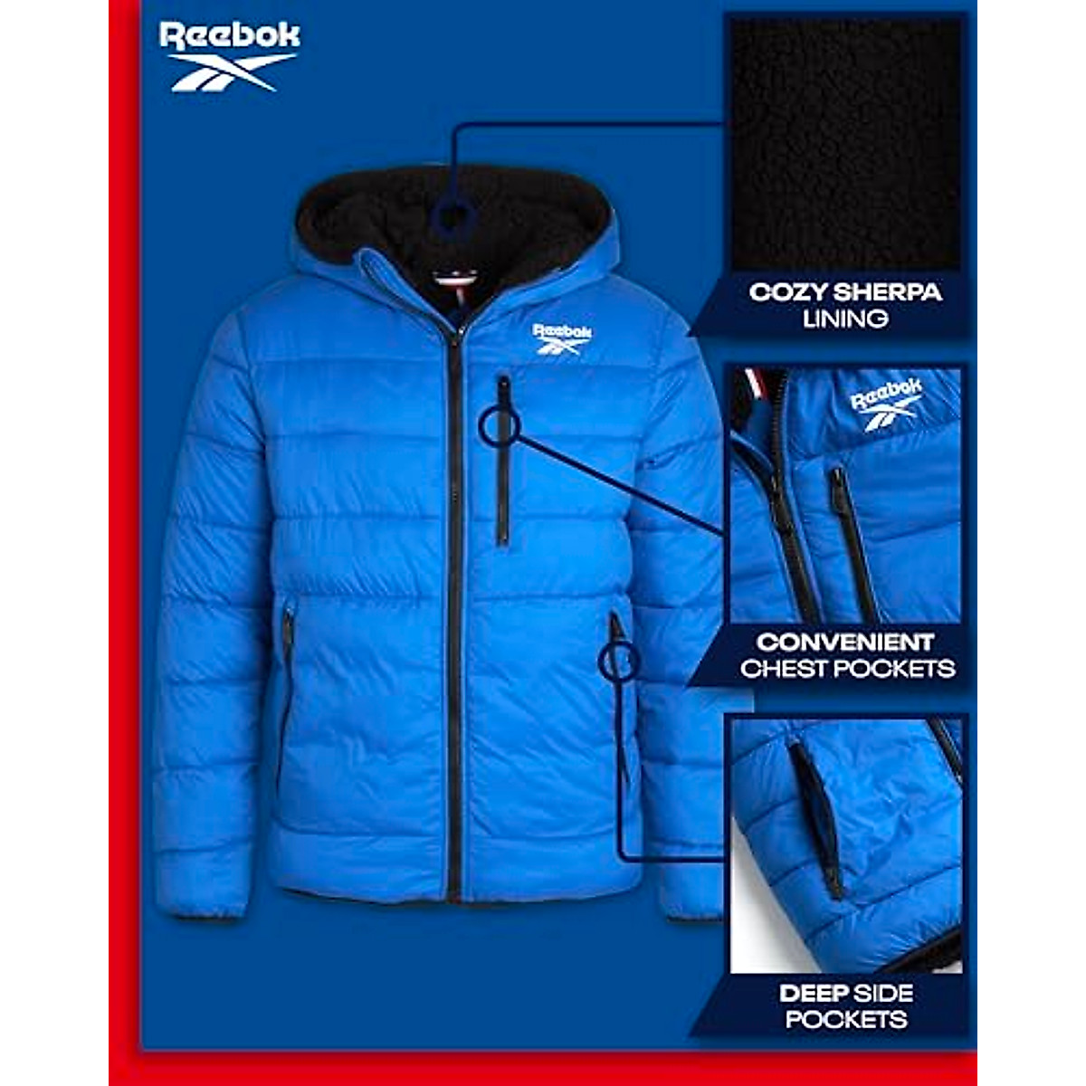Reebok Men's Winter Jacket - Heavyweight Quilted Puffer Parka Coat - Ski Jacket for Men, Sherpa Lined Hood (S-XL), Size Medium, Vector Blue