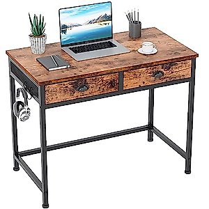 Furologee Computer Desk with 2 Fabric Drawers, Small Home Office Writing Desk, Vanity Desk with Hooks, Simple Study Desk for Small Spaces, Makeup Dressing Table, Rustic Brown