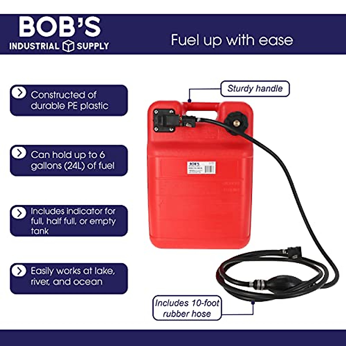 BISupply Boat Gas Tank Kit 6 Gallon - Portable Plastic Outboard Marine Boat Fuel Tank with Fill Hose