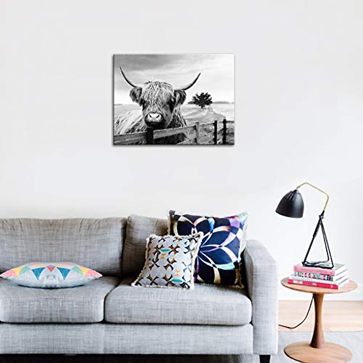 Highland Cow Canvas Black and White Landscape Pasture Hairy Cow Animal Wall Art Pictures Canvas Wall Art Farmhouse Prints Photo Contemporary Cow Decor Paintings Home Decoration Artwork 12"x16"