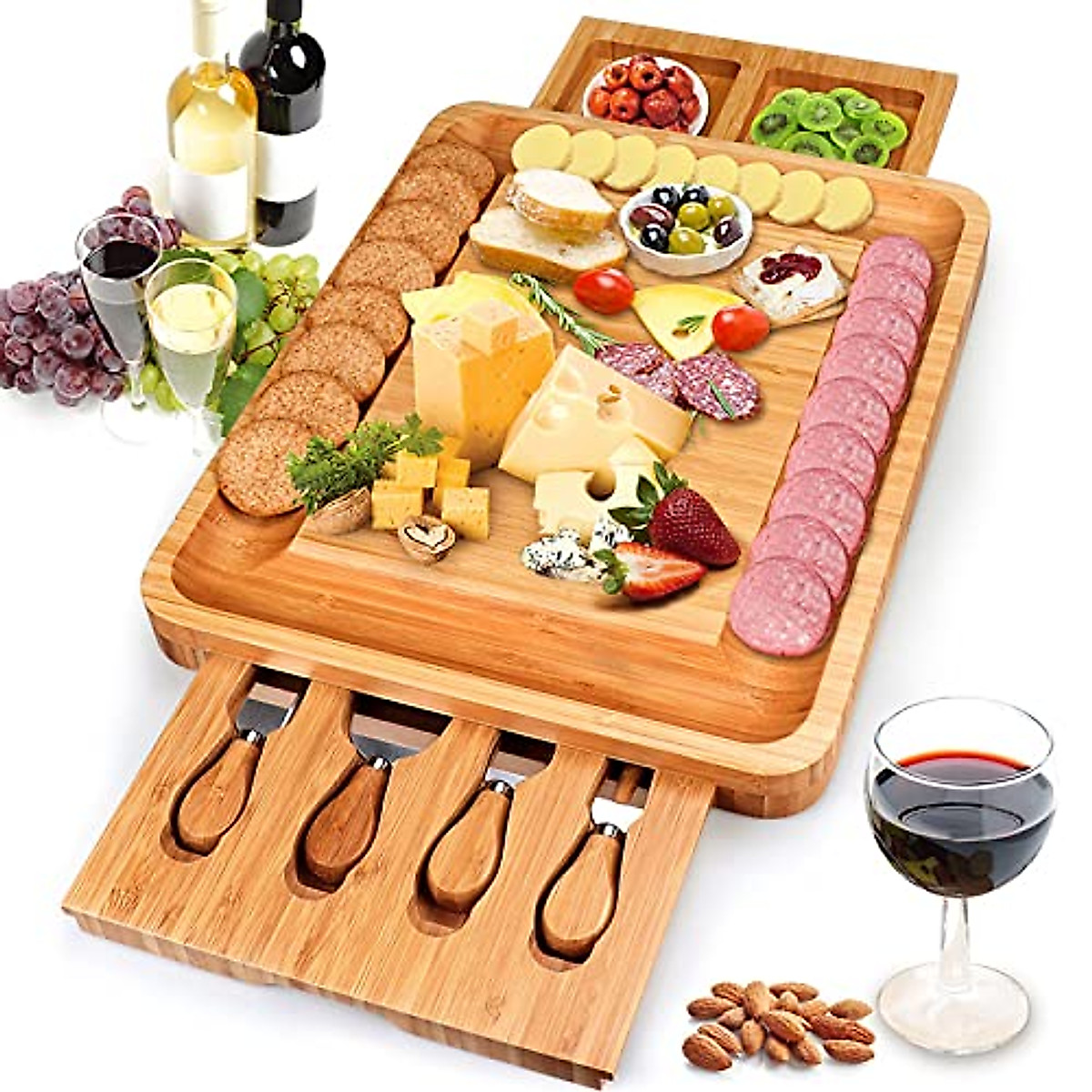 Bamboo Cheese Board and Knife Set,Cheese Servers with Hidden Drawer,Charcuterie Platter and Cheese Serving Tray for Wine, Crackers,Brie and Meat