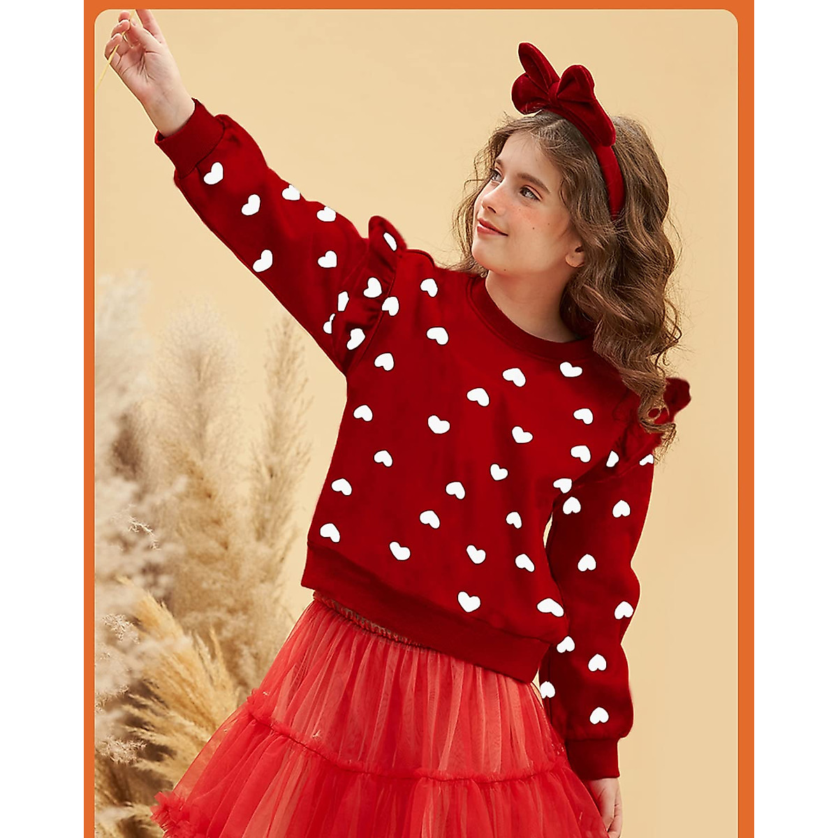 DDSOL Girls Red Sweatshirts Heart Casual Pullover Sweater Cotton Crewneck Ruffle Long Sleeve Holiday Clothes Kids Girl Fall Winter Shirts Tops White Heart 7T