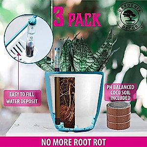 GARDENIX DECOR 7'' Self Watering planters for Indoor Plants - Flower Pot with Water Level Indicator for Plants, Grow Tracking Tool - Self Watering Planter Plant Pot - Coco Coir - Teal 3 Pack