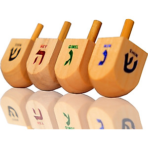 The Dreidel Company Wood Hanukkah Dreidels with English Transliteration & Instruction Cards (10-Pack)