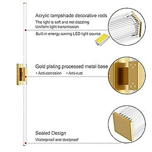 Ralbay 59inch Gold Bathroom Vanity Lights Fixtures Over Long Mirror Modern LED Bathroom Wall Lighting Bar Acrylic Gold Vanity Light Fixtures 42W 5500K White Light