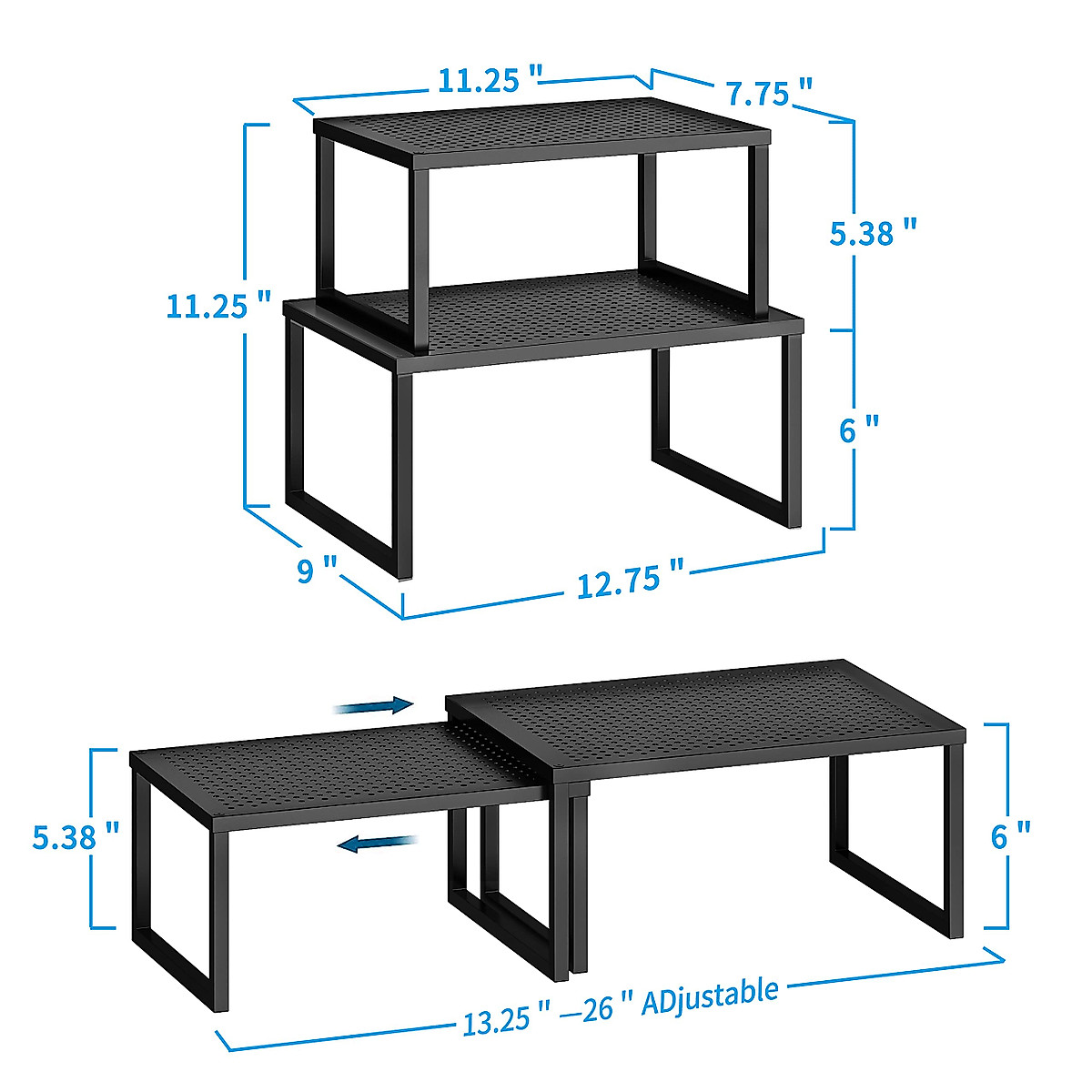 2 Pack- Simple Trending Cabinet Shelf Organizer, Kitchen Counter Shelf Rack for Pantry Organization, Expandable Stackable, Black