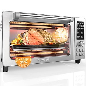 Nuwave Bravo Pro Smart 21QT Toaster Oven Air Fryer Combo, Convection Oven Countertop, 12 functions all in 1, with even & quick crisp technology, 50-450°F, 1800W, Stainless Steel