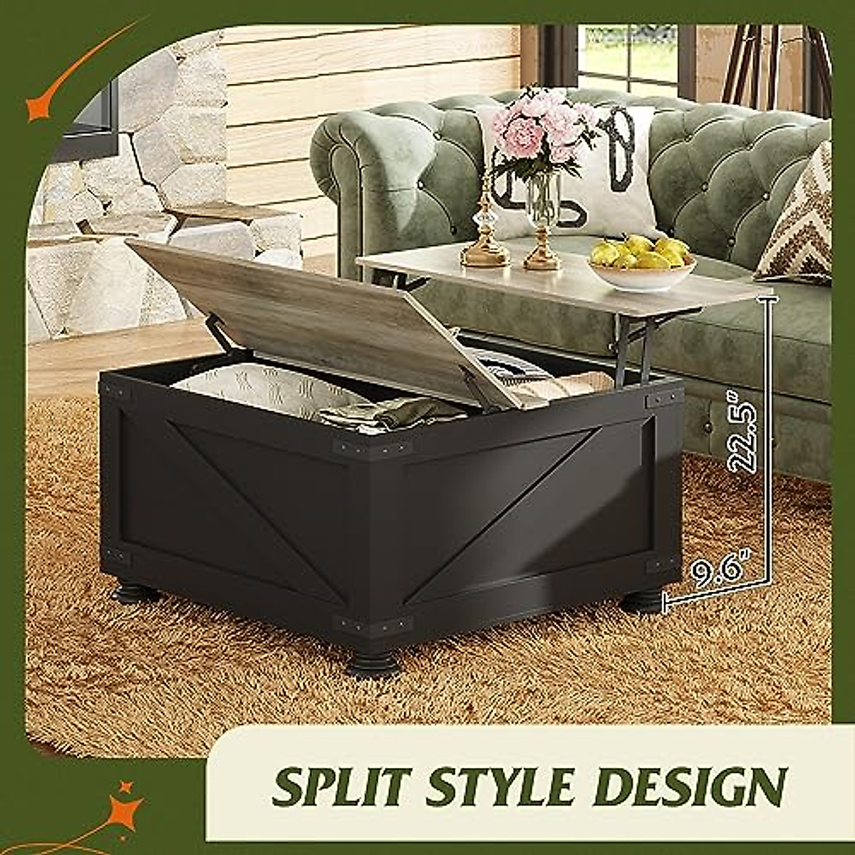 WLIVE Farmhouse Coffee Table,Square Wood Lift Top Coffee Table with Storage,Center Table for Living Room,Home Office,Black and Grey Oak