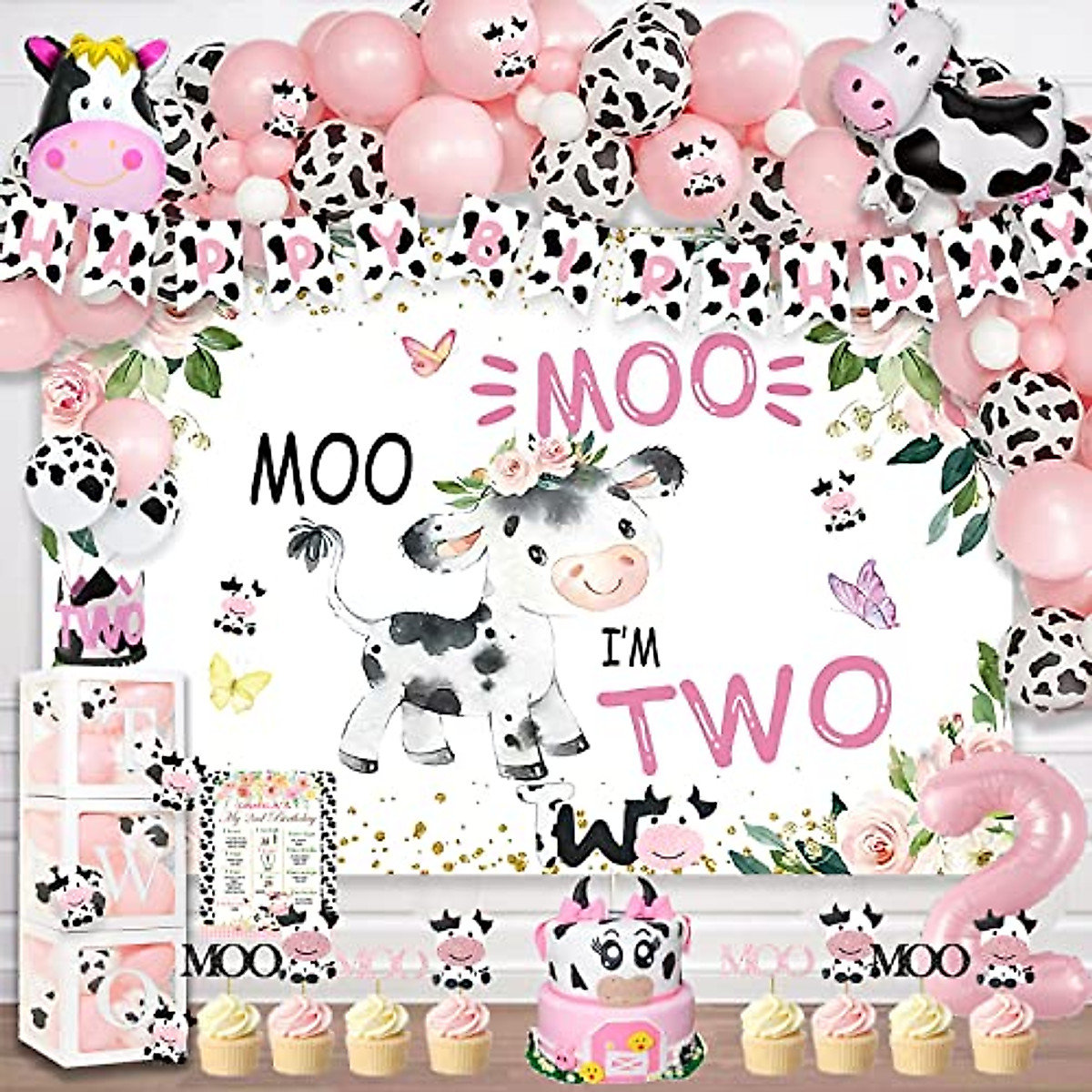 126 PCs Moo Moo Im Two Birthday Decorations Girl, Fiesec Cow 2nd Birthday Party Supplies Two Years Old Backdrop Balloon Garland Banner Cake Cupcake Toppers Boxes Cutout Crown Poster Pink White Black