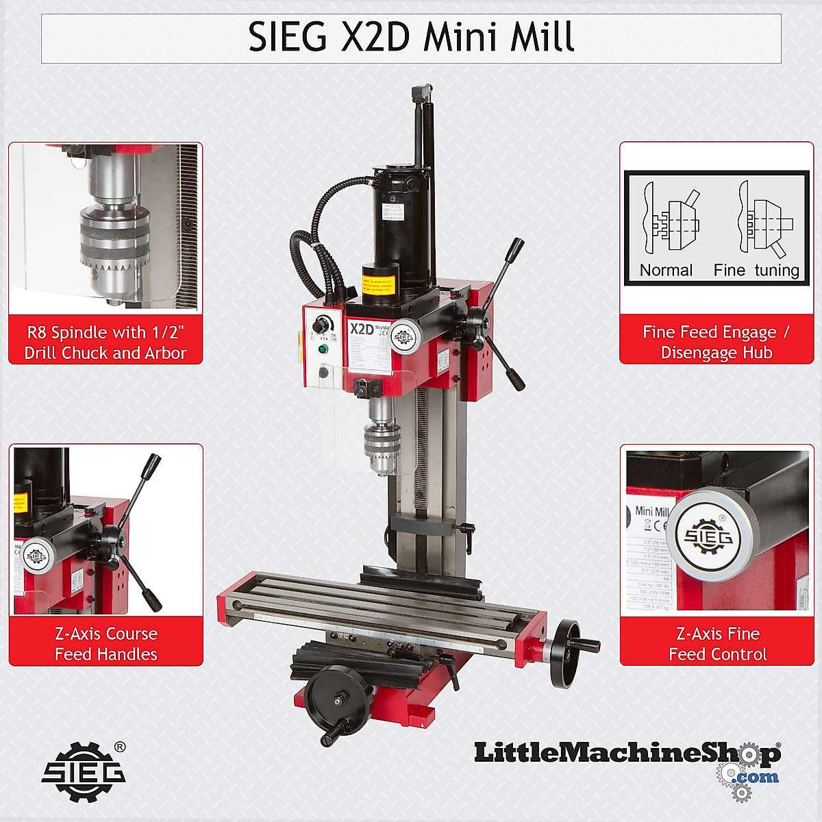 SIEG Mini Mill X2D - 350 Watt Variable Speed include R8 Spindle Taper, LittleMachineShop.com