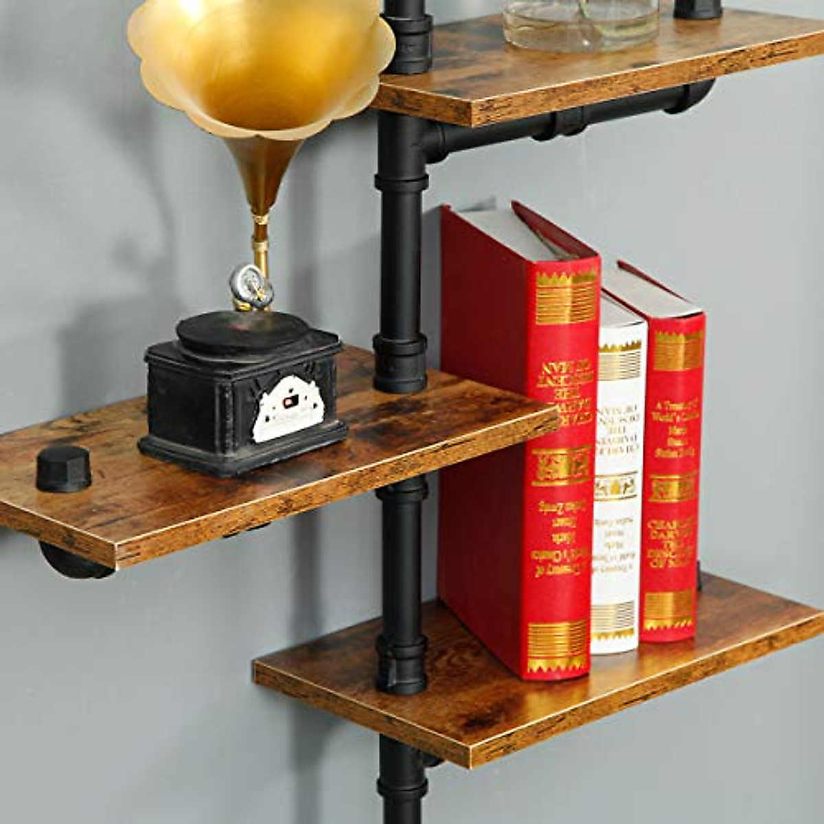 HEONITURE Industrial Pipe Shelving, Pipe Shelves with Wood Planks, Floating Shelves Wall Mounted, Retro Rustic Industrial Shelf for Bar Kitchen Living Room