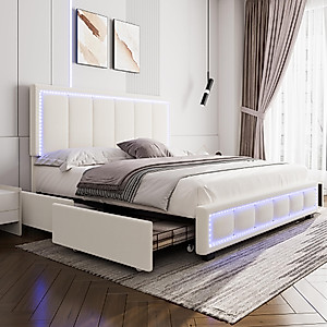 King Size Bed Frame, Upholstered LED Bed Frame with 4 Storage Drawers, Platform Bed with Adjustable Headboard, Solid Wooden Slats Support, No Box Spring Needed, Off White
