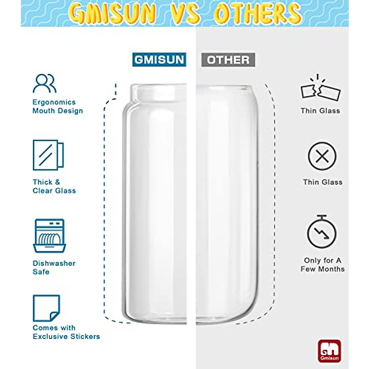 GMISUN Glass Cups with Lids and Straws, 16oz Iced Coffee Cup, Beer Can Glass with Lids and Straw, Drinking Glasses with Bamboo Lids Coffee Bar Accessories for Beer/Juice, Exclusive Transfer Labels