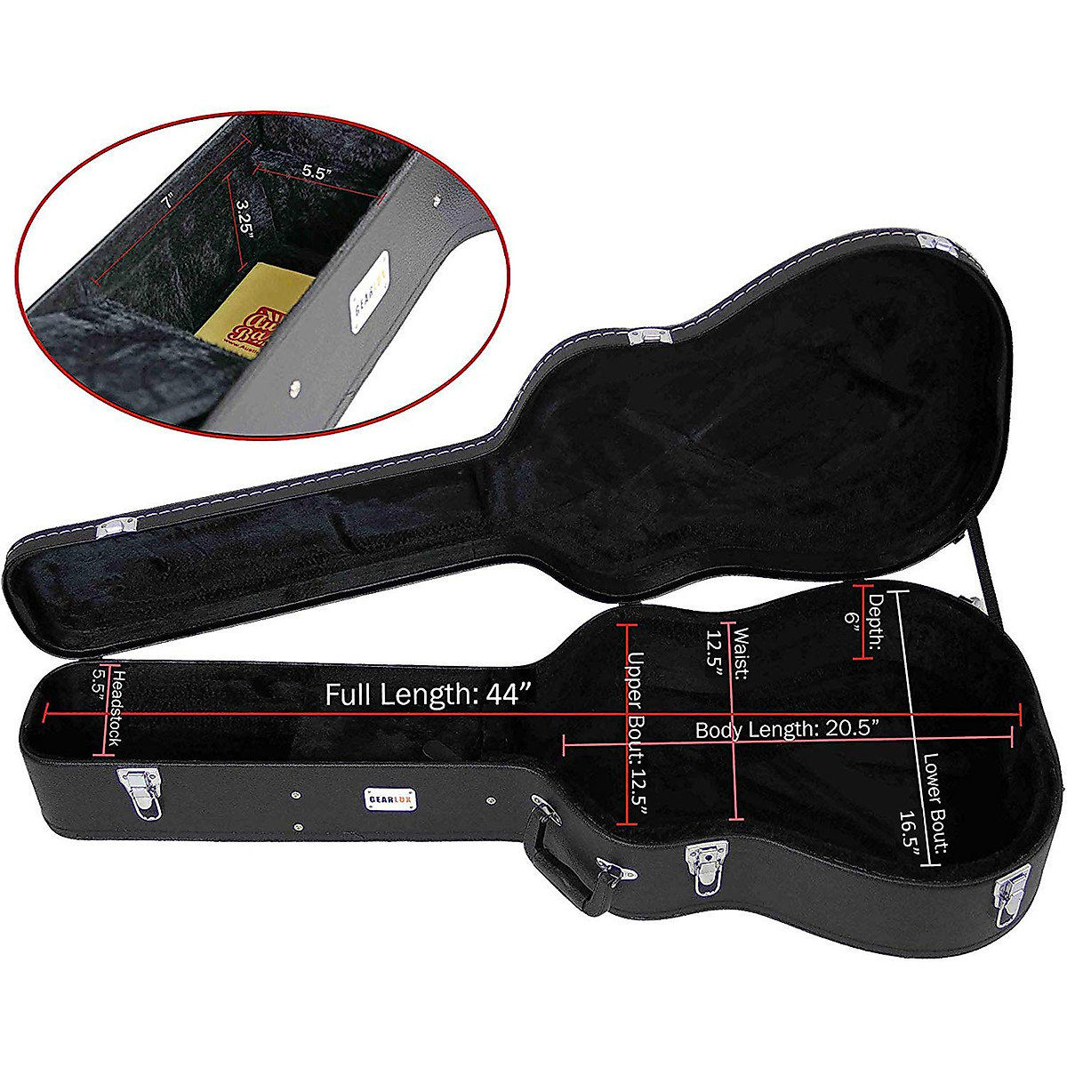 Gearlux Dreadnought Acoustic Guitar Hardshell Case with Accessory Compartment - Black