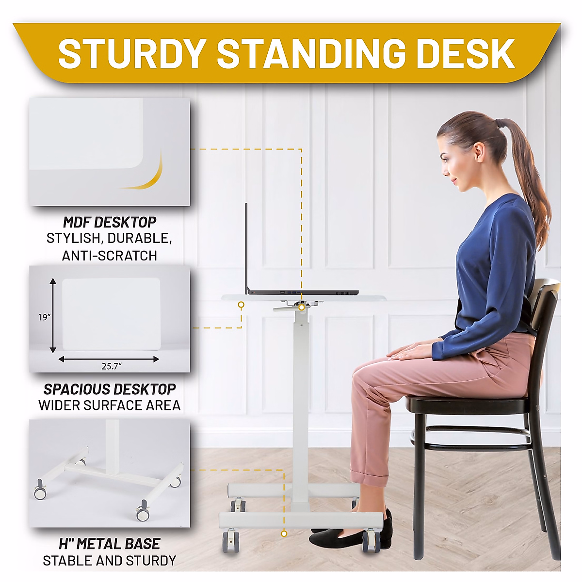 NEWBULIG Mobile Laptop Overbed Table Adjustable Height Small Rolling Sit Stand Desk, Teacher Podium with Wheels, 19" D x 25.7" W, White