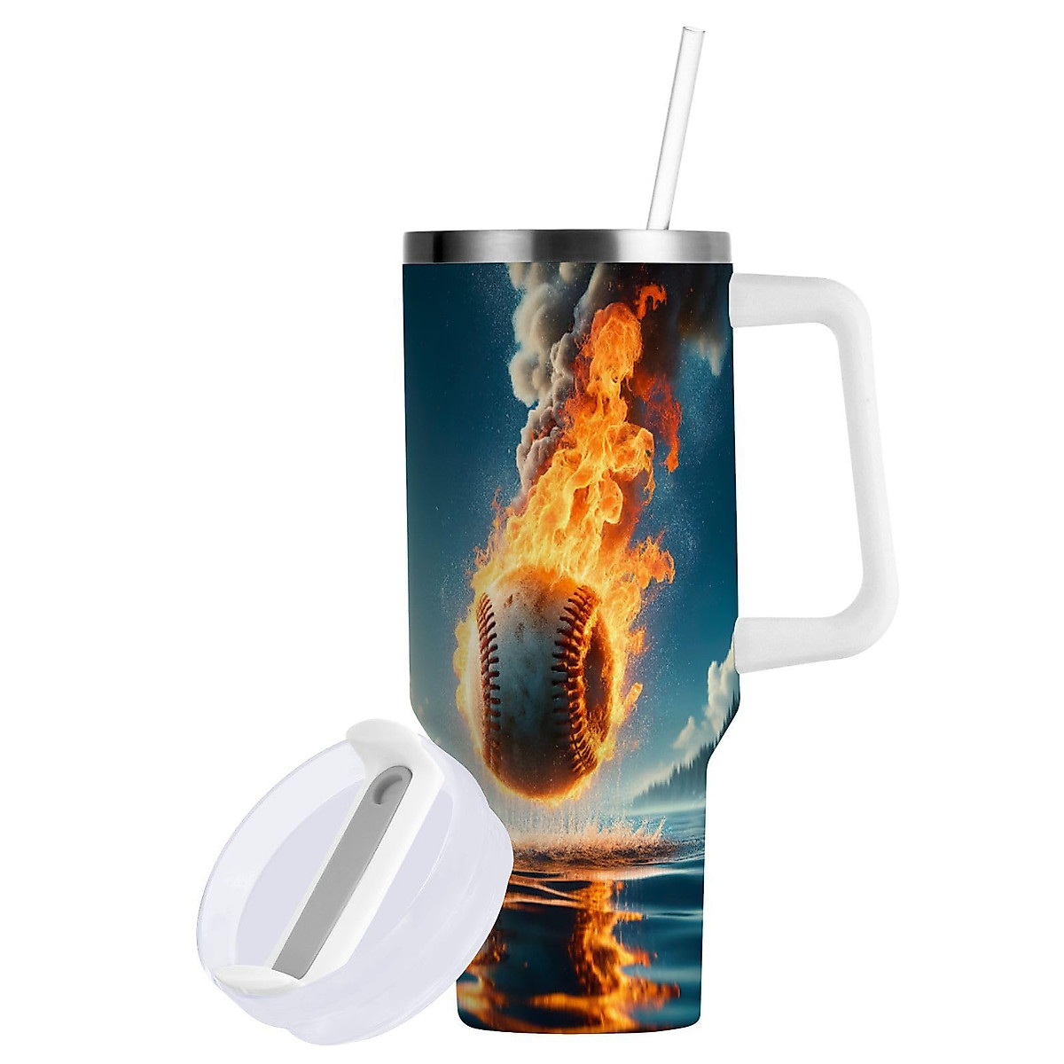 ODAWA Fire Water Baseball 30 Oz Water Tumbler with Lid and Straw Insulated Cup