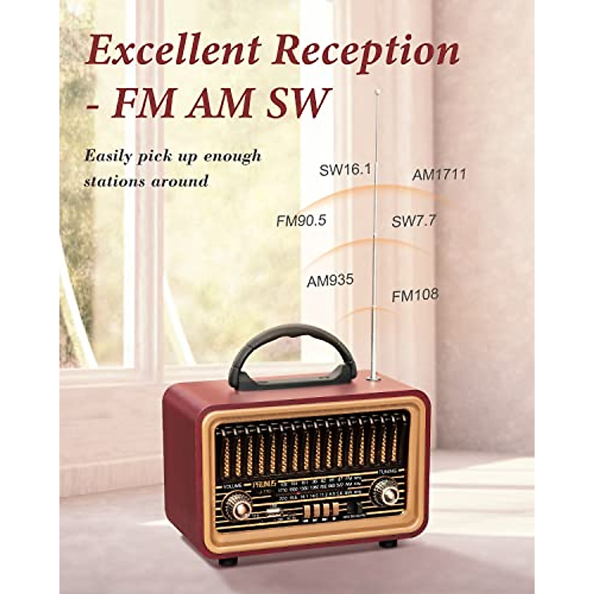 PRUNUS Retro Bluetooth Radio with Rich Bass Speakers,Loud Stereo Sound,Portable Wireless Speakers AM FM Radio with USB, TWS Pairing, BT5.0, TF Card & MP3 Player for Home/Party/Outdoor/Gift