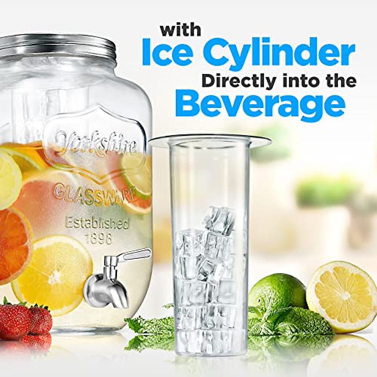 NutriChef 2-Gallon Glass Beverage Dispenser - Mason Jar Style Drink Container Jug w/Stainless Steel Spigot & Plastic Ice Infuser, Wide Mouth Easy Filling, 100% Leak-proof Lid, For Party or Daily Use