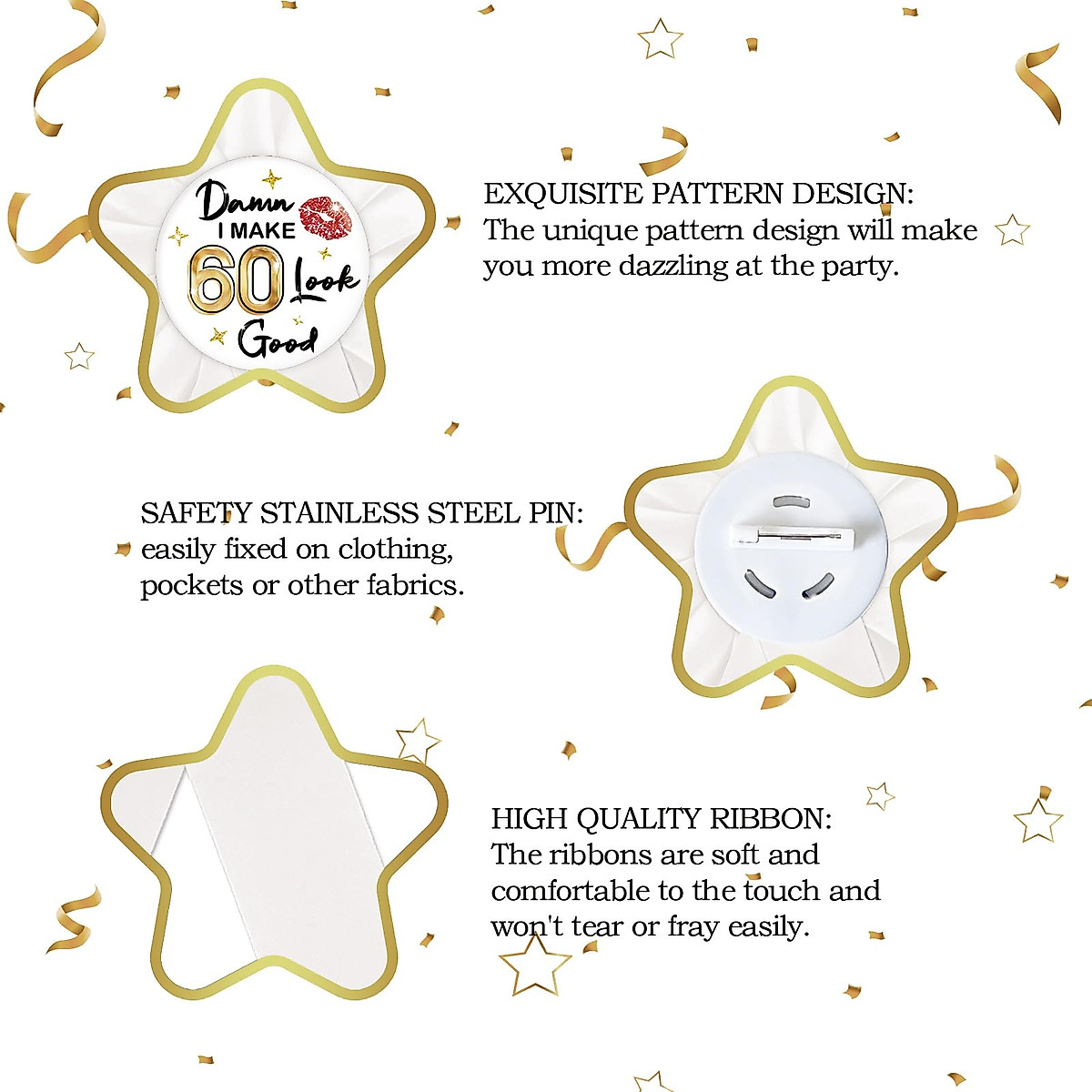 White Happy 60th Birthday Tinplate Badge Pin, White Rosette 60th Birthday Button for Women, It's My 60th Birthday Award Badge Pin, Happy 60th Birthday Party Decorations