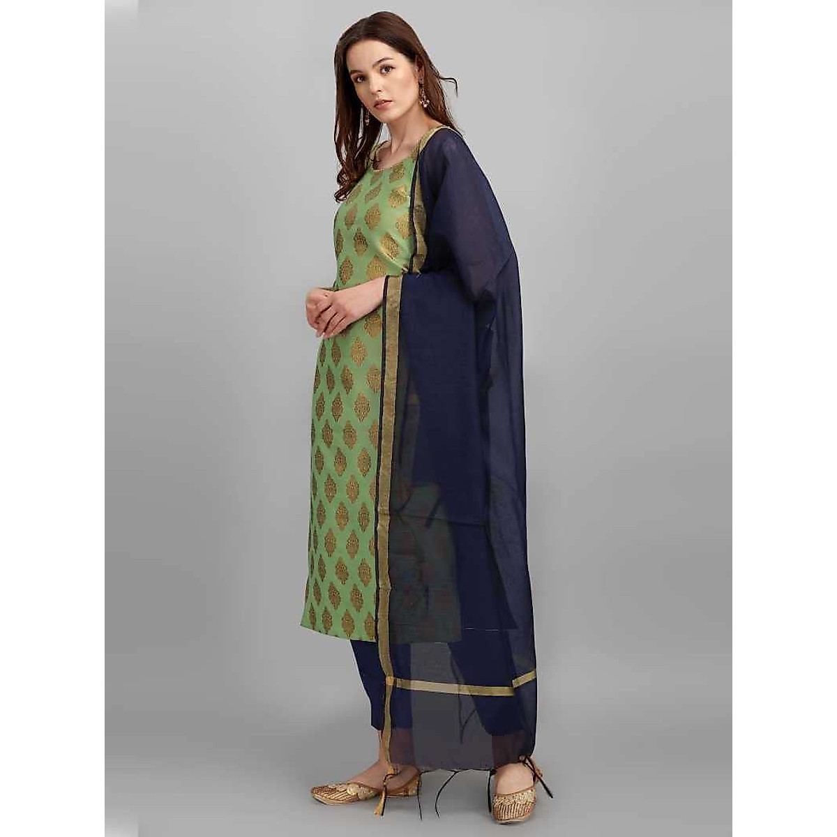 VredeVogel Women's Motifs Silk Blend Kurta Pant and Chanderi Dupatta Set, Pista