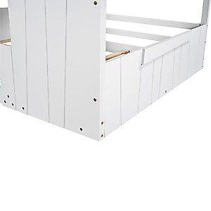 Montessori Floor Bed with Roof and Windows, Full House Floor Bed with Guardrail and Door, Full Size House Bed for Kids, Girls, Boys, White Montessori Bed Full Size