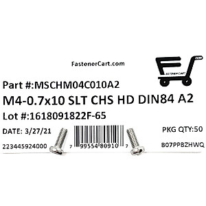 M4-.70 x 10 Stainless Steel Slotted Cheese Head Machine Screw DIN84 A2 M4x10 (50 Pieces)