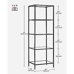 VASAGLE Bookcase, 5-Tier Bookshelf, Slim Shelving Unit for Bedroom, Bathroom, Home Office, Tempered Glass, Steel Frame, Black ULGT029B61
