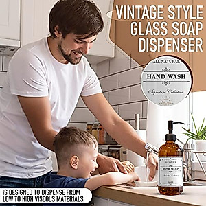 Sunrise Premium 2 Pack Amber Glass Soap Dispenser 16 OZ with Oil Rubbed Bronze Stainless Steel Pump, Hand and Dish Soap Dispenser Set for Bathroom and Kitchen Sink with 6 Waterproof Labels