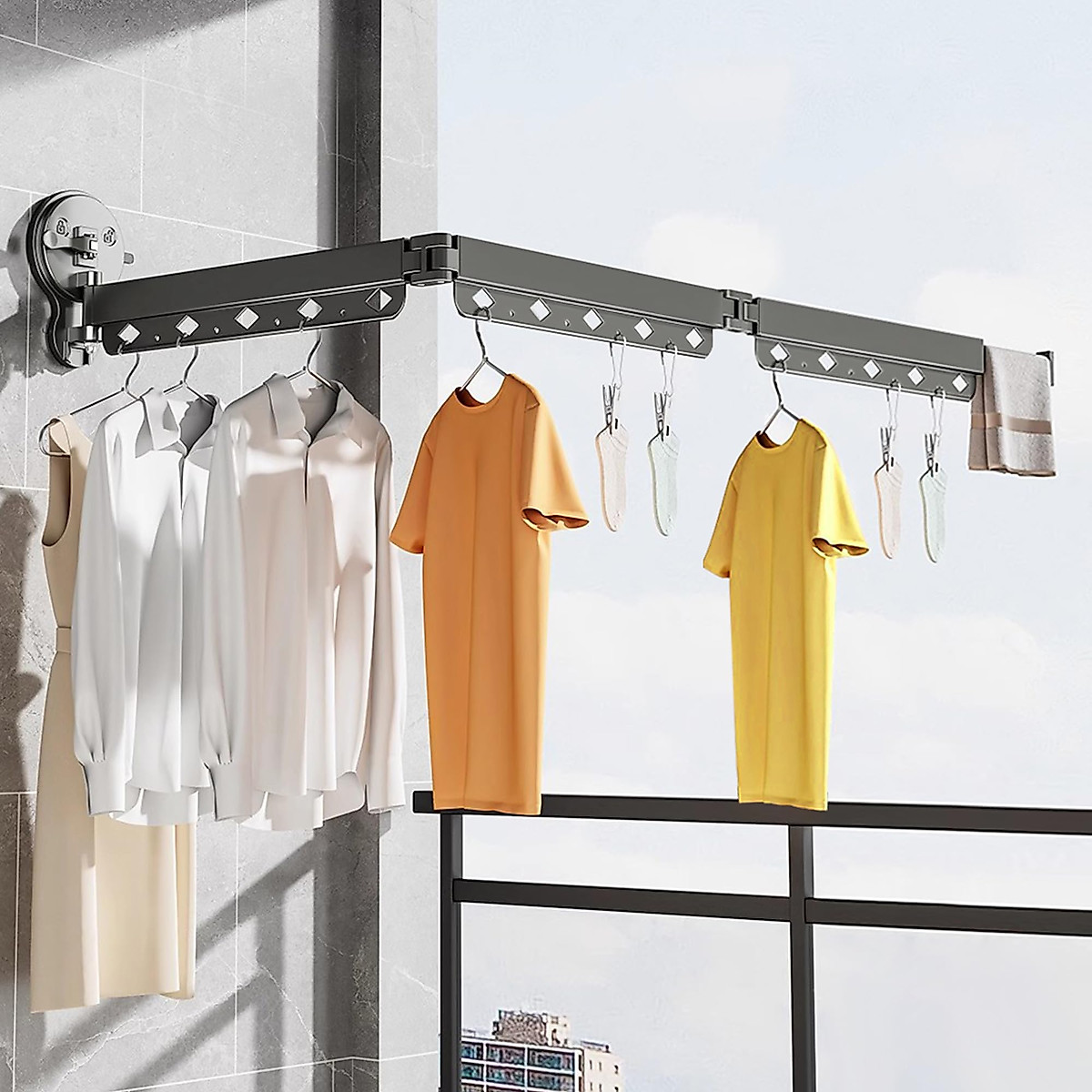 HEILAIYI Suction Cup Clothes Drying Rack,Drying Rack Clothing Wall Mounted,Laundry Drying Rack,Foldable,Collapsible,Retractable,Clothes Hanger Rack with Clips