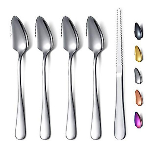 Grapefruit Spoons 5 Pieces Set, 4 Stainless Steel Grapefruit Spoon And 1 Grapefruit knife With Titanium Plating, Grapefruit Utensil Set, Serrated Edges Spoon pack of 5 ( Silver)