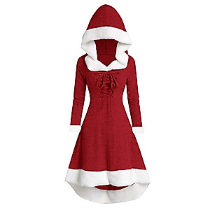 FKSESG Womens Vintage Dress Winter Christmas Long Sleeve Patchwork Hooded Party Dress