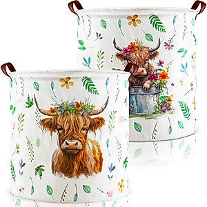 Barydat 2 Pcs Highland Cow Storage Basket, 17.3'' x 16.5'' Collapsible Waterproof Laundry Hamper, Nursery Toys Clothes Storage Basket Bin, Floral Farm Animal Holder Organizer for Bathroom
