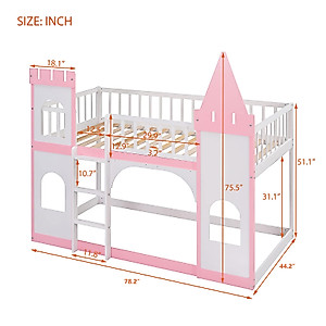 Harper & Bright Designs Twin Over Twin Kids Bunk Bed, Twin Loft Bed with Castle Shape Design, Wooden Floor Bunk Beds for Girls Boys Bedroom Dorm, Pink