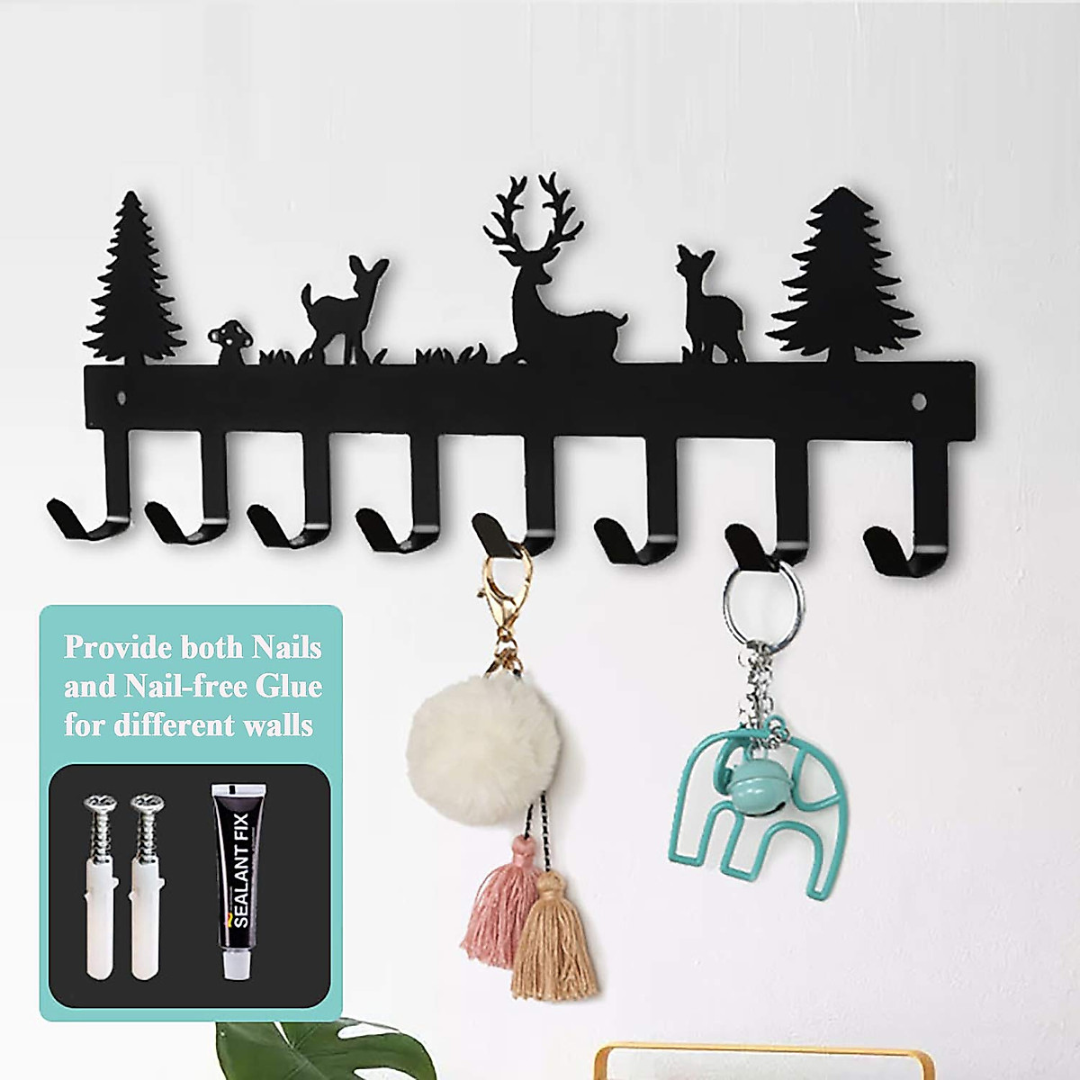 BeiLeiNiceHK Key Holder Wall Mount Metal Key Hook Cute Forest Deer Key Hanger Adhesive Key Organizer Rack for Entryway,Front Door,Hallway,Office,8-Hooks,Black