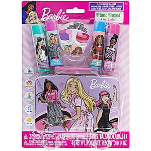 Barbie – Townley Girl Plant Based 4 Pk Swirl Lip Balm with Tin Case Makeup Cosmetic Set for Kids and Girls, Ages 3+, Perfect for Parties, Sleepovers & Makeovers