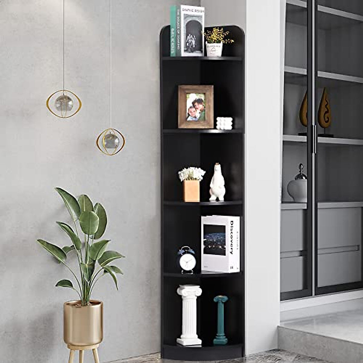 Fun Memories 5-Tier Corner Bookshelf - 63" Tall Modern Free-Standing Corner Bookcase - Durable Wood Corner Cabinet and Plant Shelf in Sleek Black for Living Rooms, Bedrooms, Kitchens and Offices
