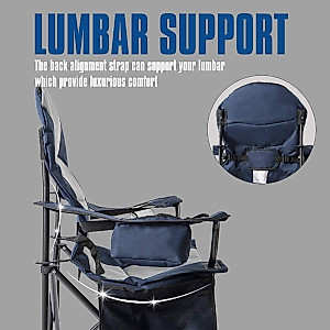 Coastrail Outdoor Camping Chair Oversized Padded Folding Quad Arm Chairs with Lumbar Back Support, Cooler Bag, Cup Holder & Side Pocket, Extra Head Pocket, Supports 400 lbs (Blue, Modern)