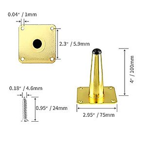 Seimneire 4pcs 4 Inch Furniture Legs, Straight Conical Metal Legs Luxury Gold Mid-Century Style Furniture Feet for Sofa Cabinet Table Chair Cupboard Couch Ottoman Home DIY Projects