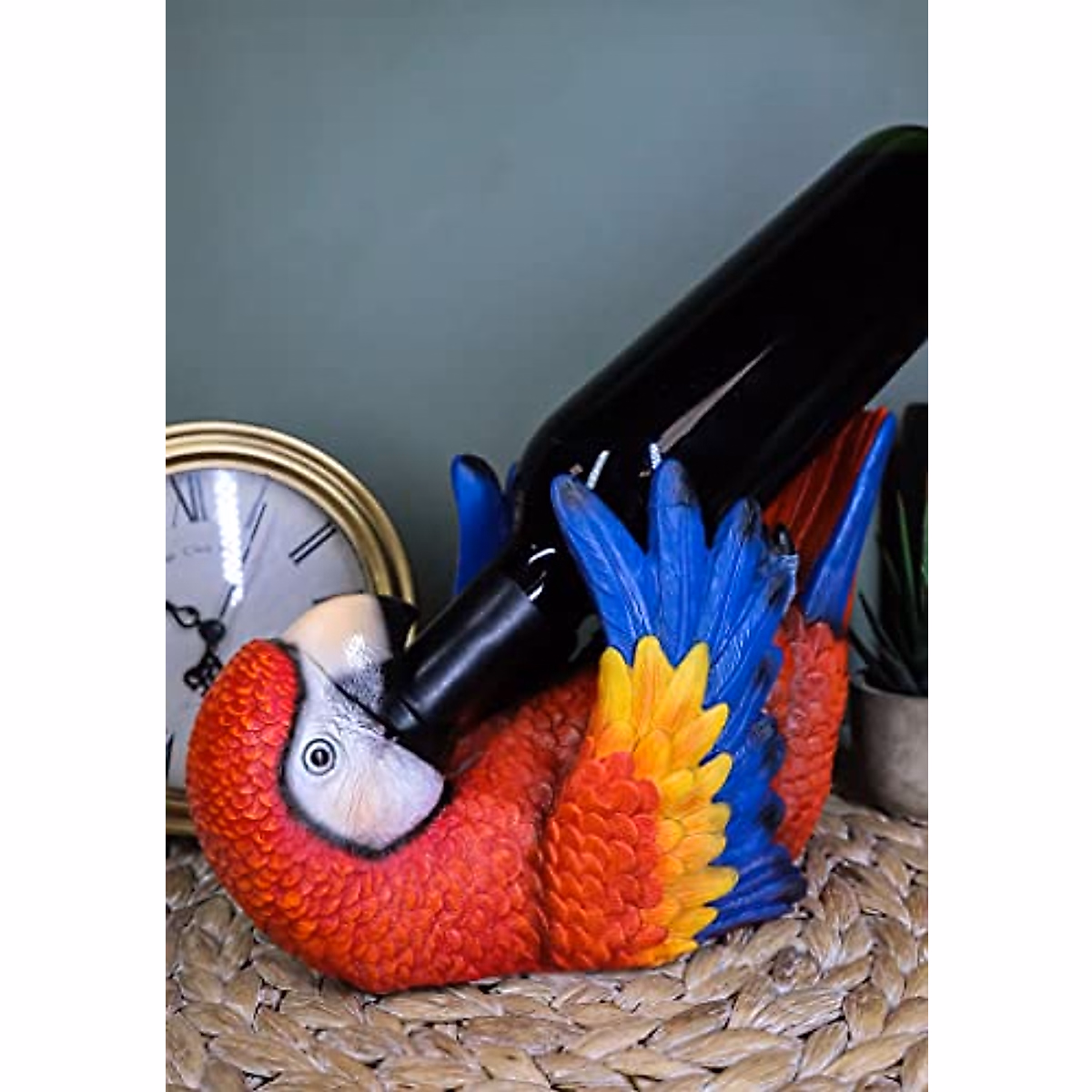 Ebros Gift Tropical Rio Rainforest Red Scarlet Macaw Parrot Wine Bottle Holder Caddy Figurine 10.25" Long Kitchen Dining Party Hosting Decor Statue of South American Evergreen Forest Birds