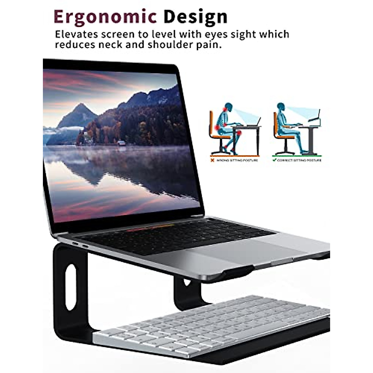 ALASHI Laptop Stand for Desk, Aluminum Computer Riser, Ergonomic Notebook Holder, Detachable Metal Laptops Elevator, PC Cooling Mount Support 10 to 15.6 Inches Notebook, Black