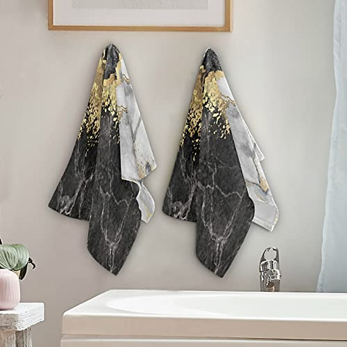 Hand Towels,2 Pack Soft Luxury Towel Gold Black Marble for Bathroom Kitchen, Beach