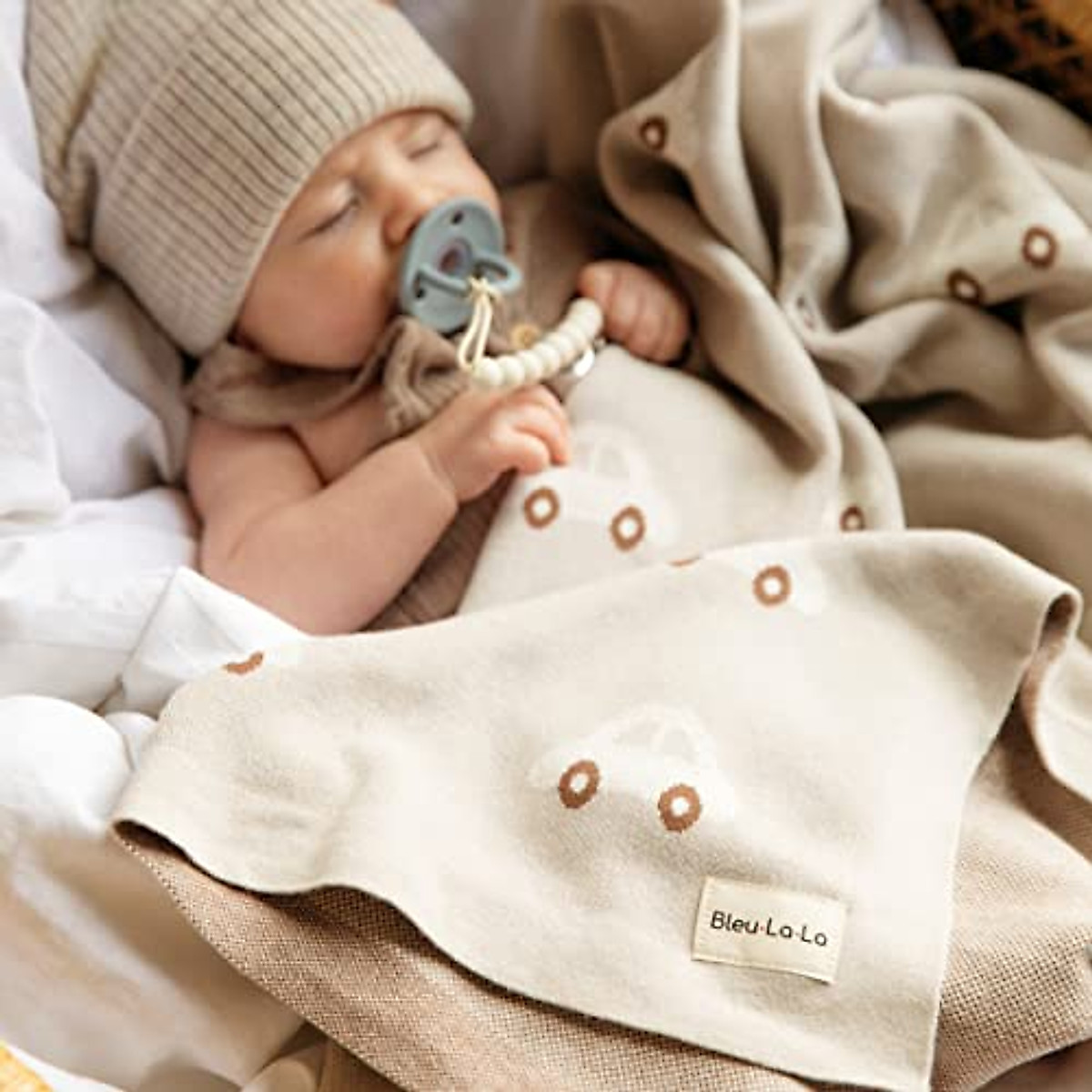 Knit Baby Receiving Blankets for Girls & Boys - 100% Soft Fine Loomed Cotton Blanket - Use as Swaddling Crib Stroller Quilt Blanket, Shower Baby Gift Registry - for Newborns & Toddlers (Cars - Cream)