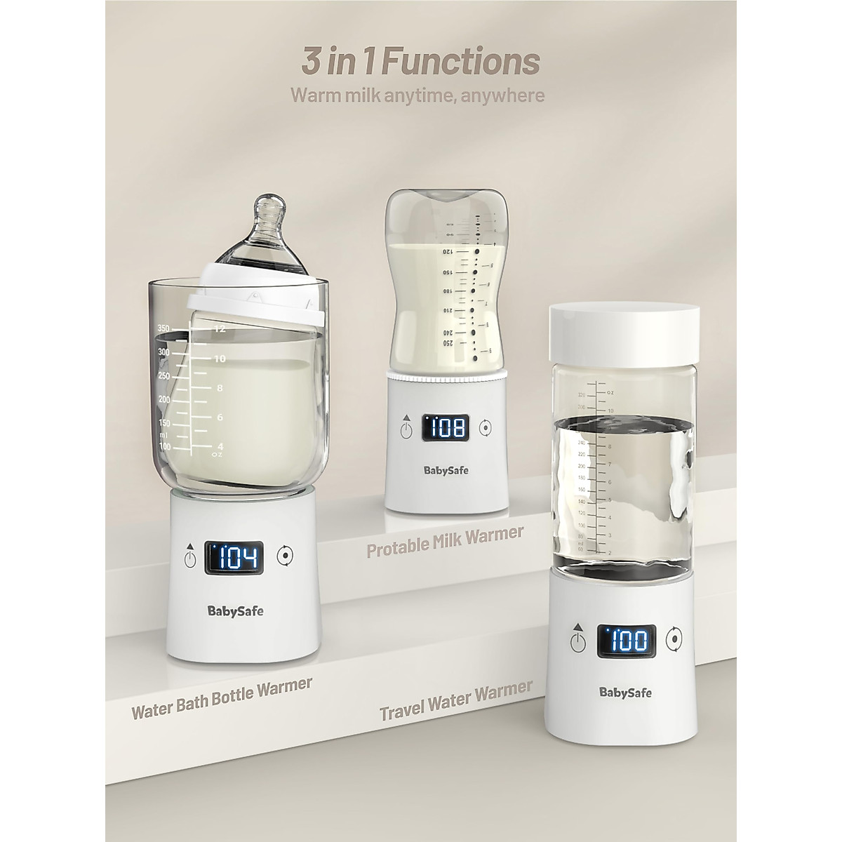 Portable Bottle Warmer for Travel, 10 in 1 Baby Bottle Warmer Set with 5 Adapters & 2 Glass Milk Cup, 100W Fast Heating Cordless Rechargeable Travel Bottle Warmer, Baby Gift Set