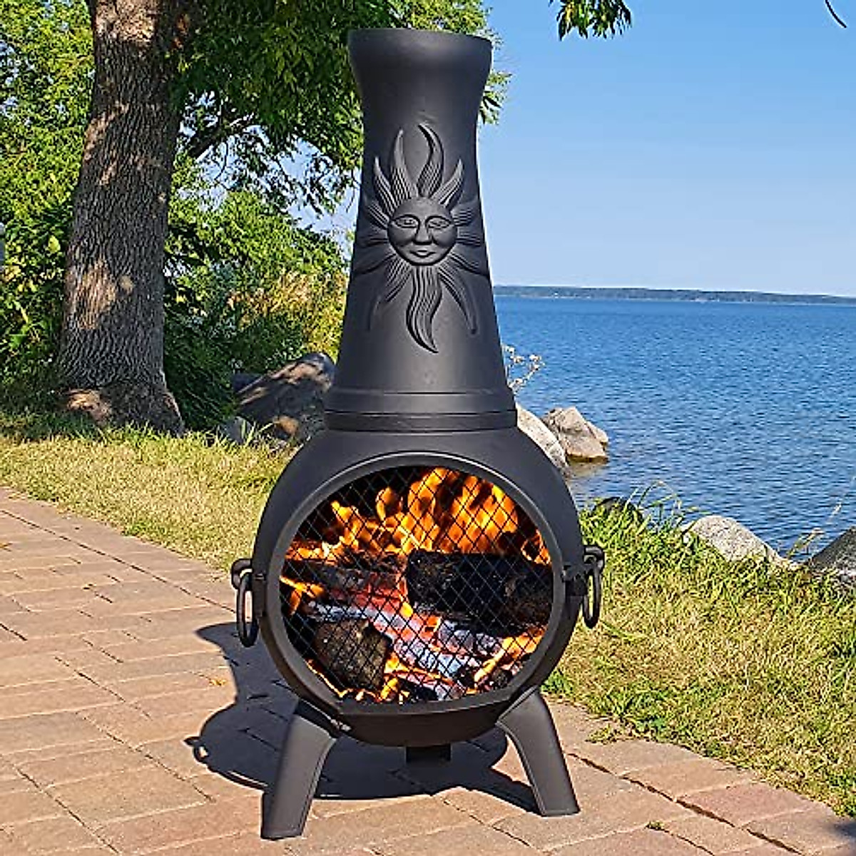 Sun Fire Outdoor Chiminea Fireplace by The Blue Rooster - Rust-Free Cast Aluminum Deck or Patio Firepit
